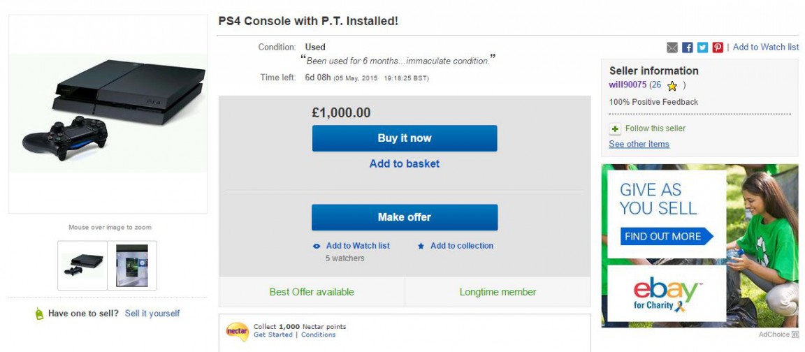 PS4 with Silent Hills demo P.T. installed listed for £1000 on eBay | VG247