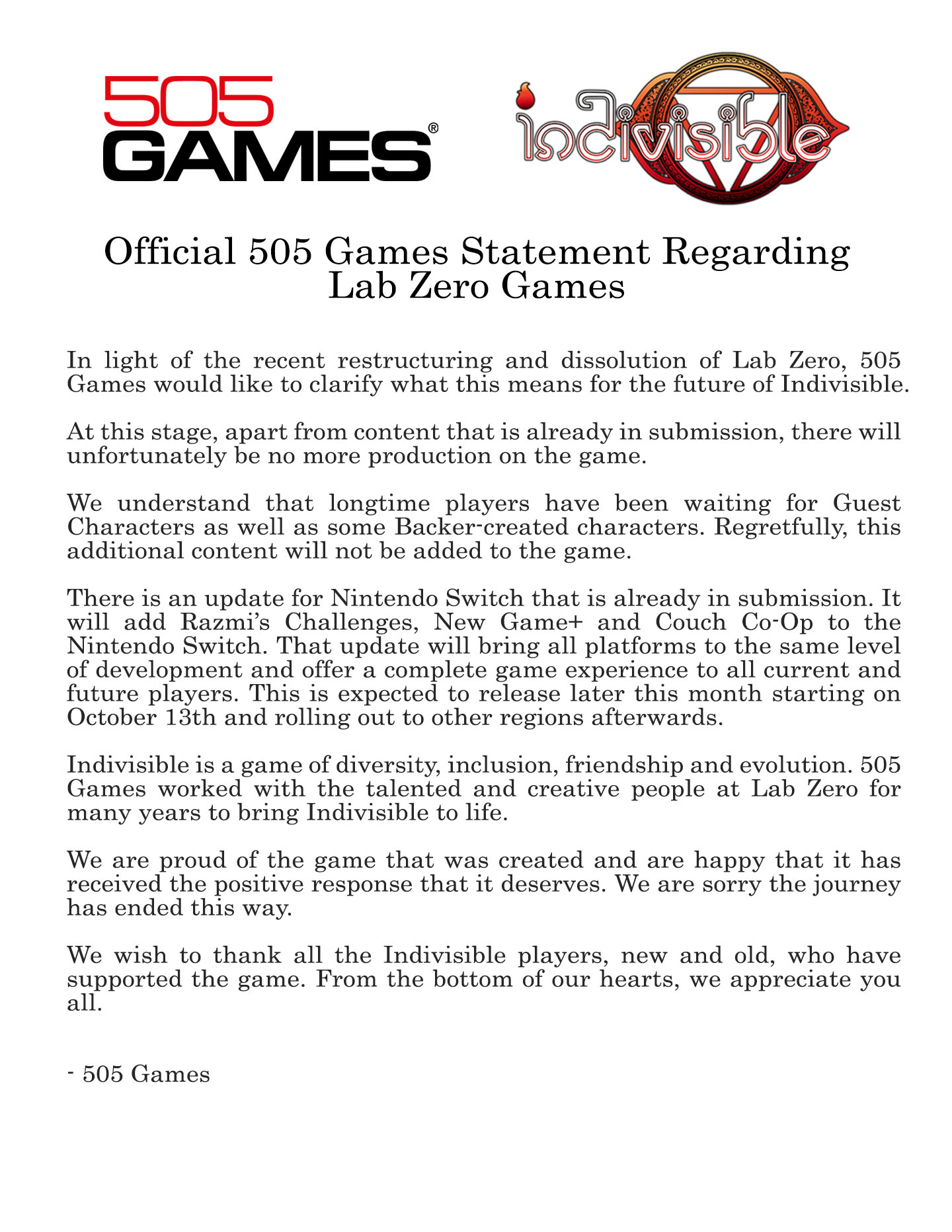 505 Games stops production on Indivisible | VG247